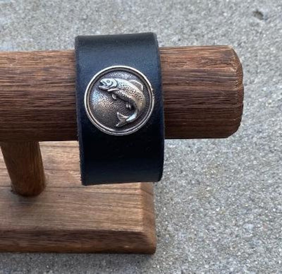 Black Leather Wilflife Fish Concho Wrist Cuff/bracelet - Etsy