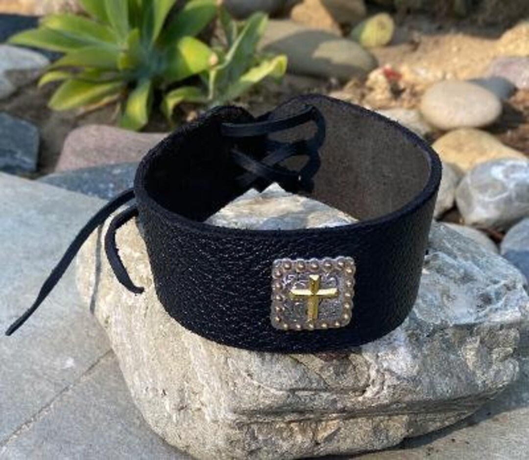 Black Leather Upper Arm/bicep Cuff With Silverplated Cross Concho - Etsy