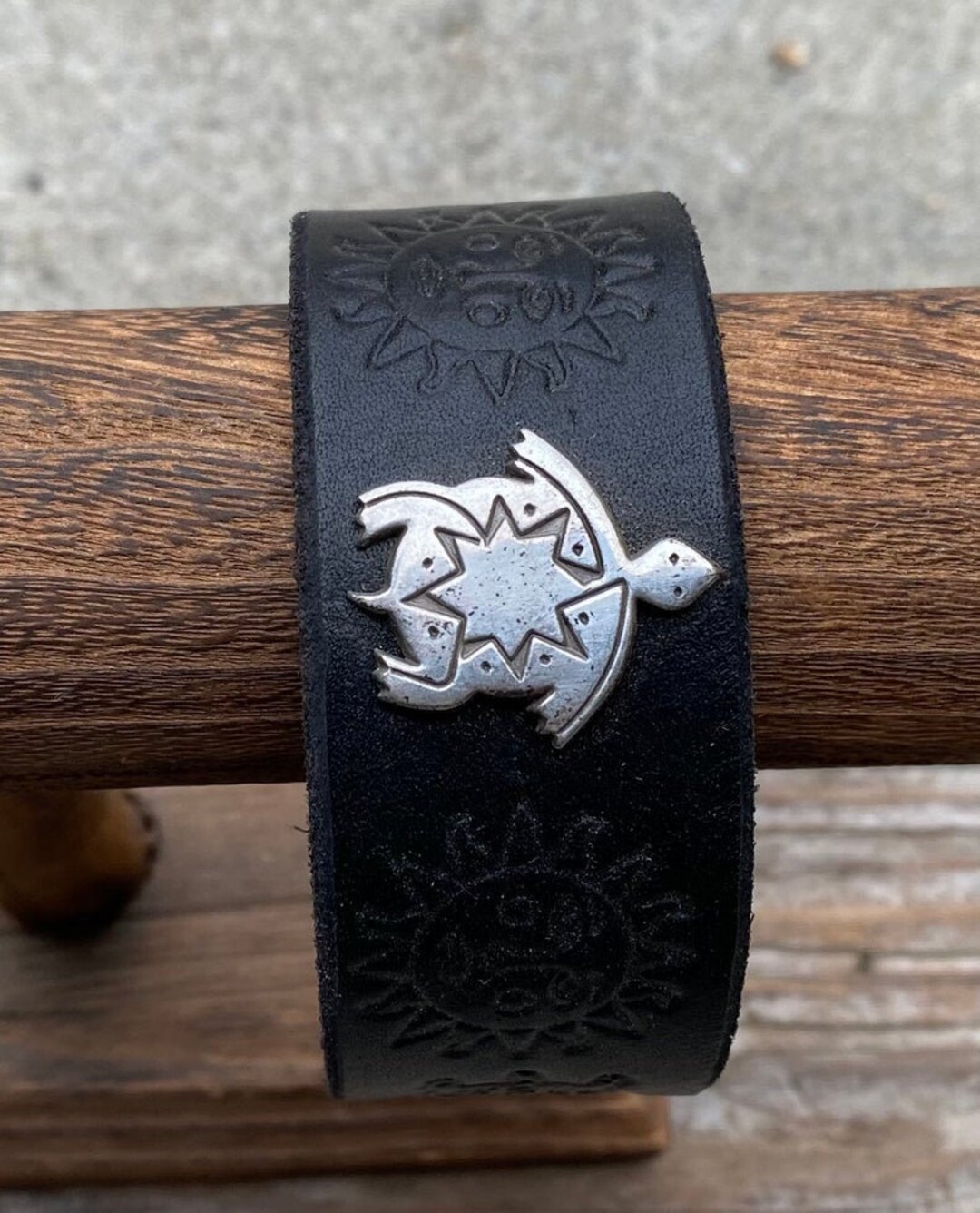 Black Adjustable Leather Cuff With Turtle/sun Design and Turtle Concho ...