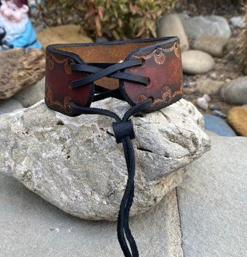 Brown Leather Tooled Upper Arm Band/bicep Cuff With Concho - Adjustable ...