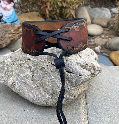 Brown Leather Tooled Upper Arm Band/bicep Cuff With Concho - Adjustable ...