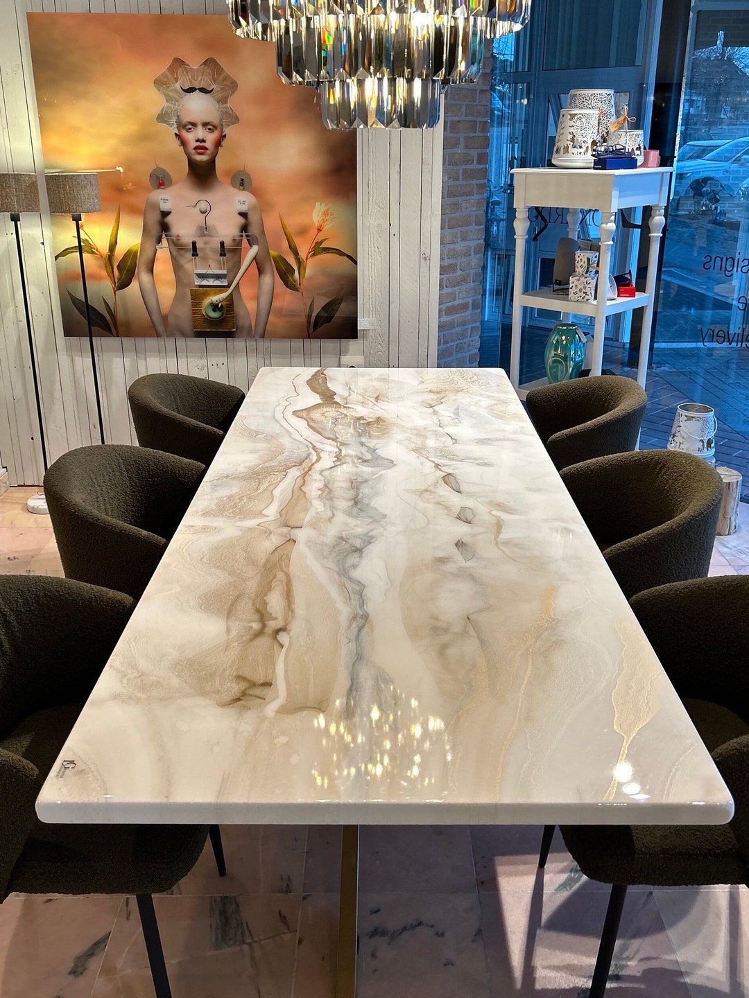 Custom Made Dining Table | Silver and Gold Pouring Art | Marble Design ...