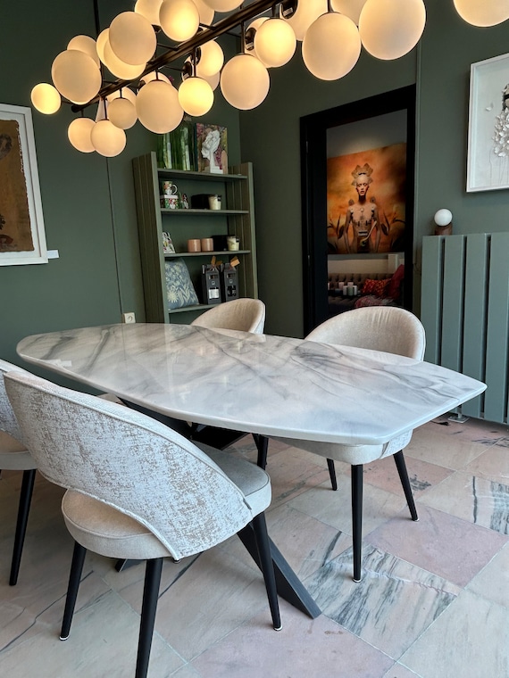 Custom Made Dining Table. Silver Marble Design. Unique Modern Shaped Thin Top With Beveled Edges. Quality Handmade. Safe Shipping Etsy