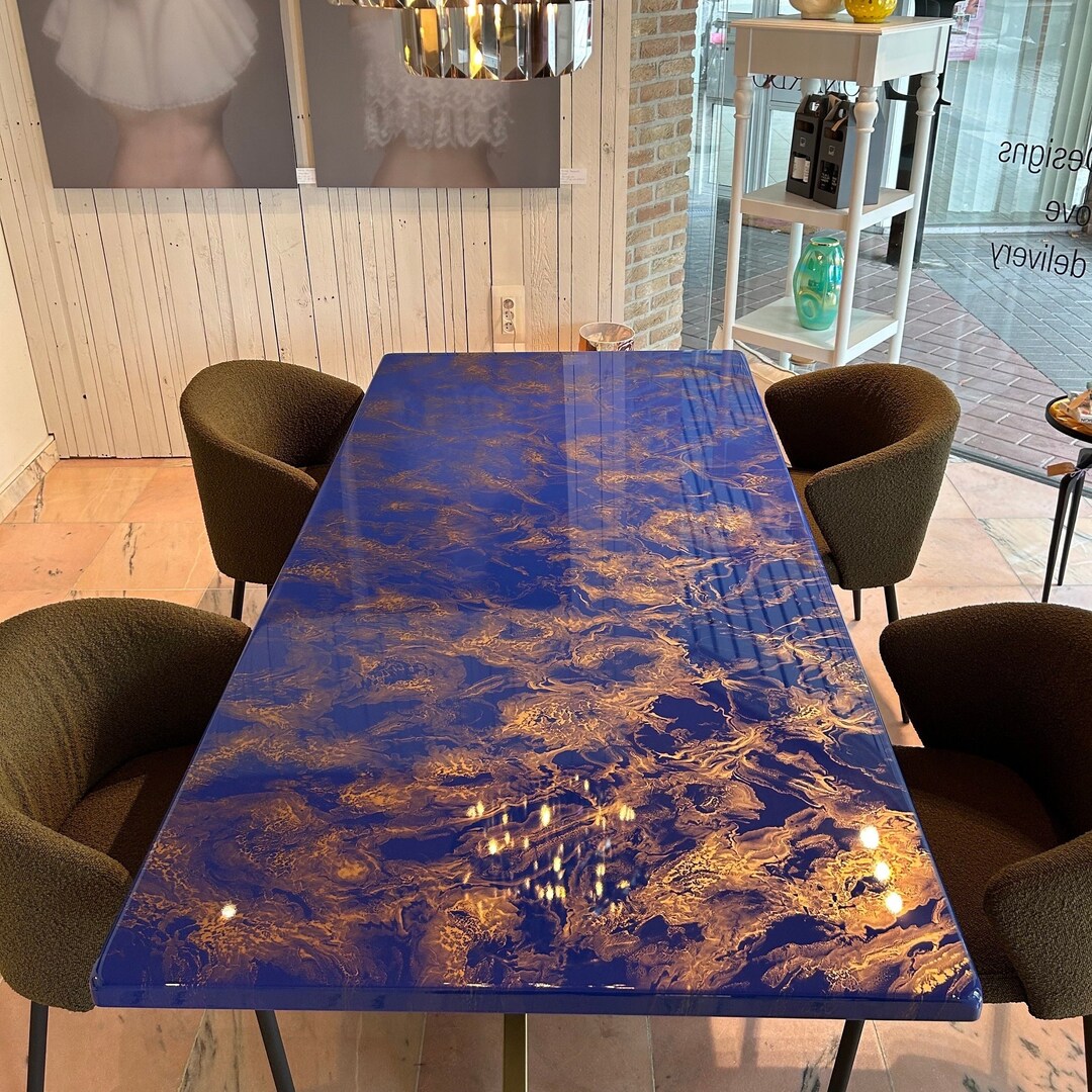 Custom Made Dine Table Royal Blue and Gold Cloudy Marble - Etsy