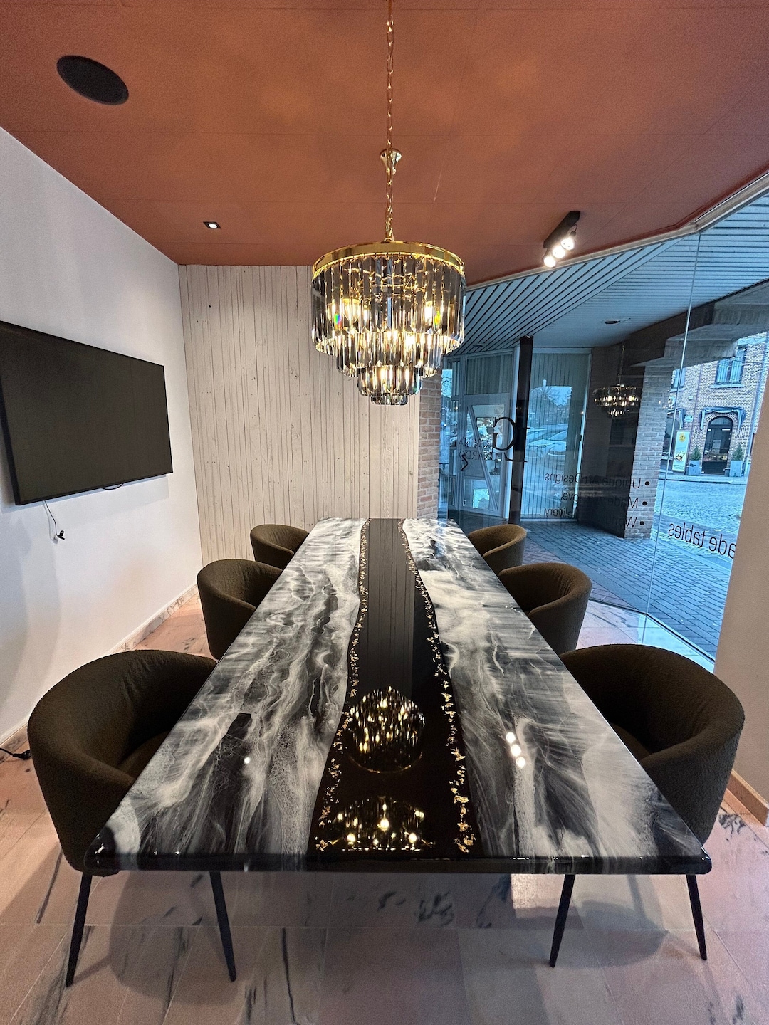 Bespoke Luxurious Black River Table, White Beach Pouring Art, Gold Flakes, Epoxy Resin, Unique ...