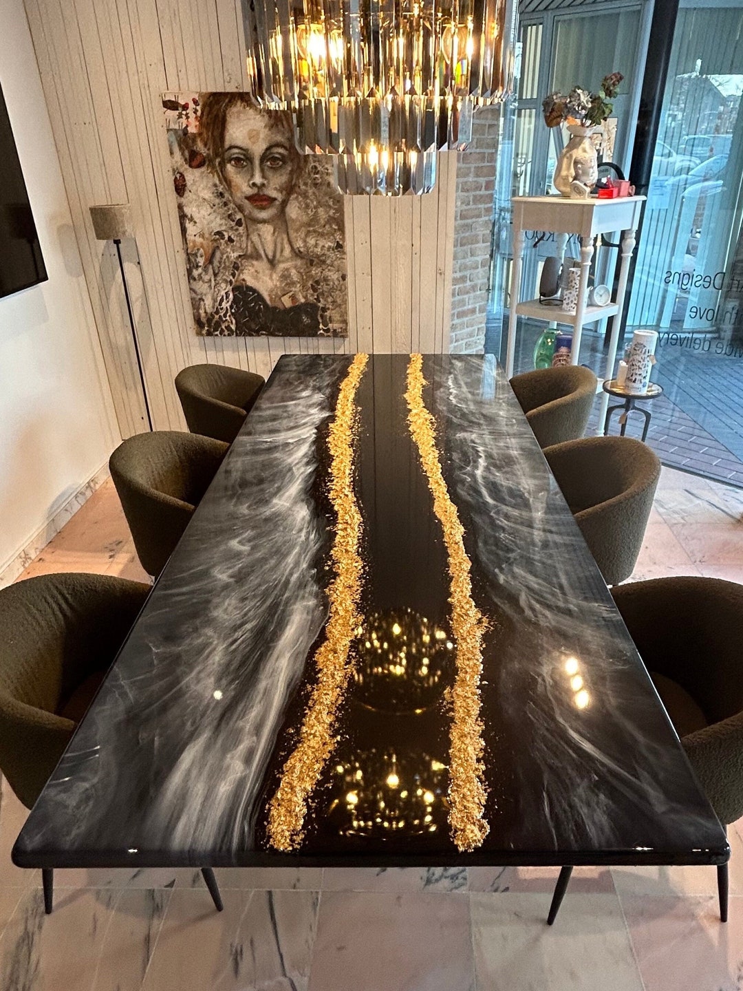 Extra Big Dining Table Bespoke Luxurious Gold Flakes Black River Unique Design Handmade All Colors Possible Etsy