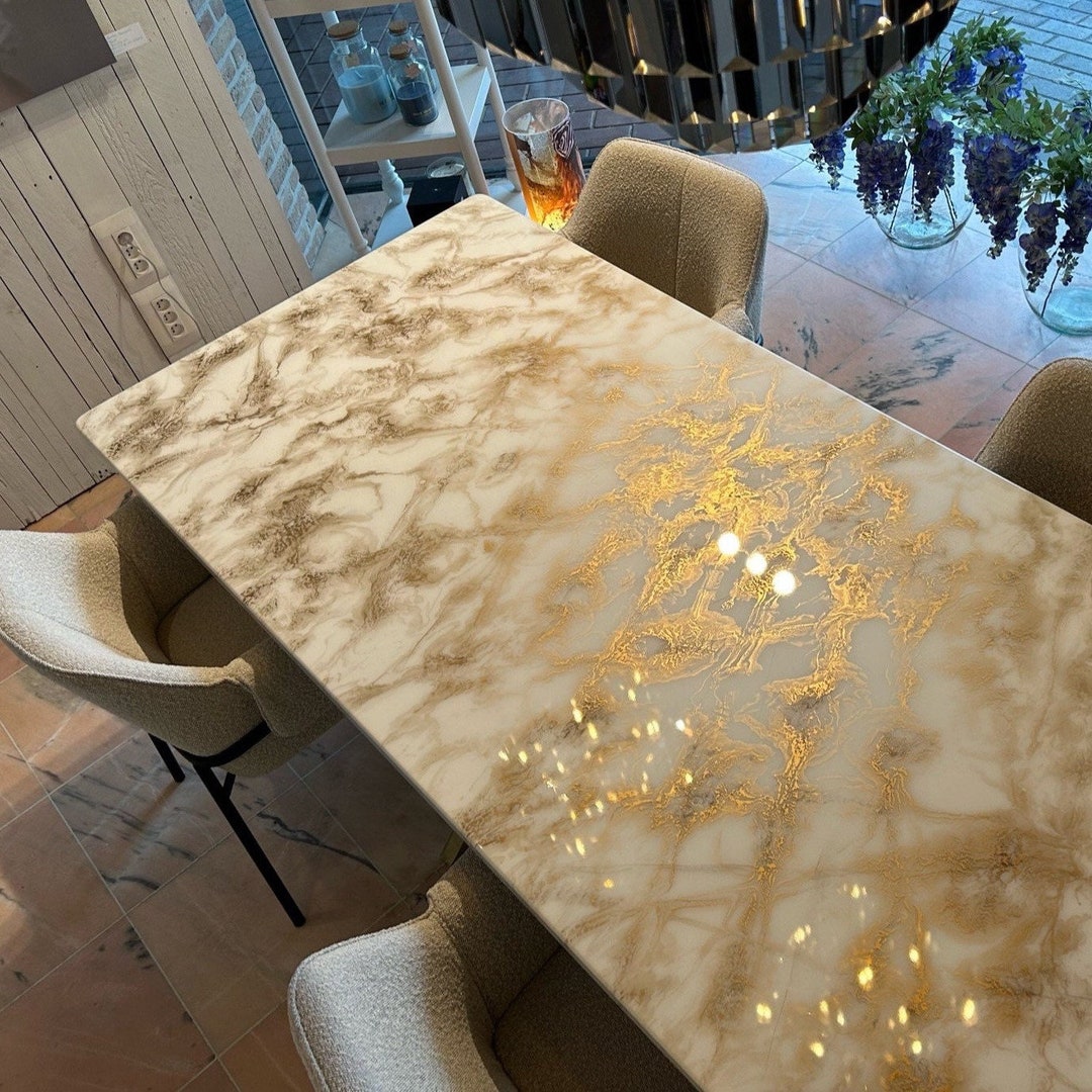 Custom Made Dining Table Gold Clouded Marble Design Handmade - Etsy