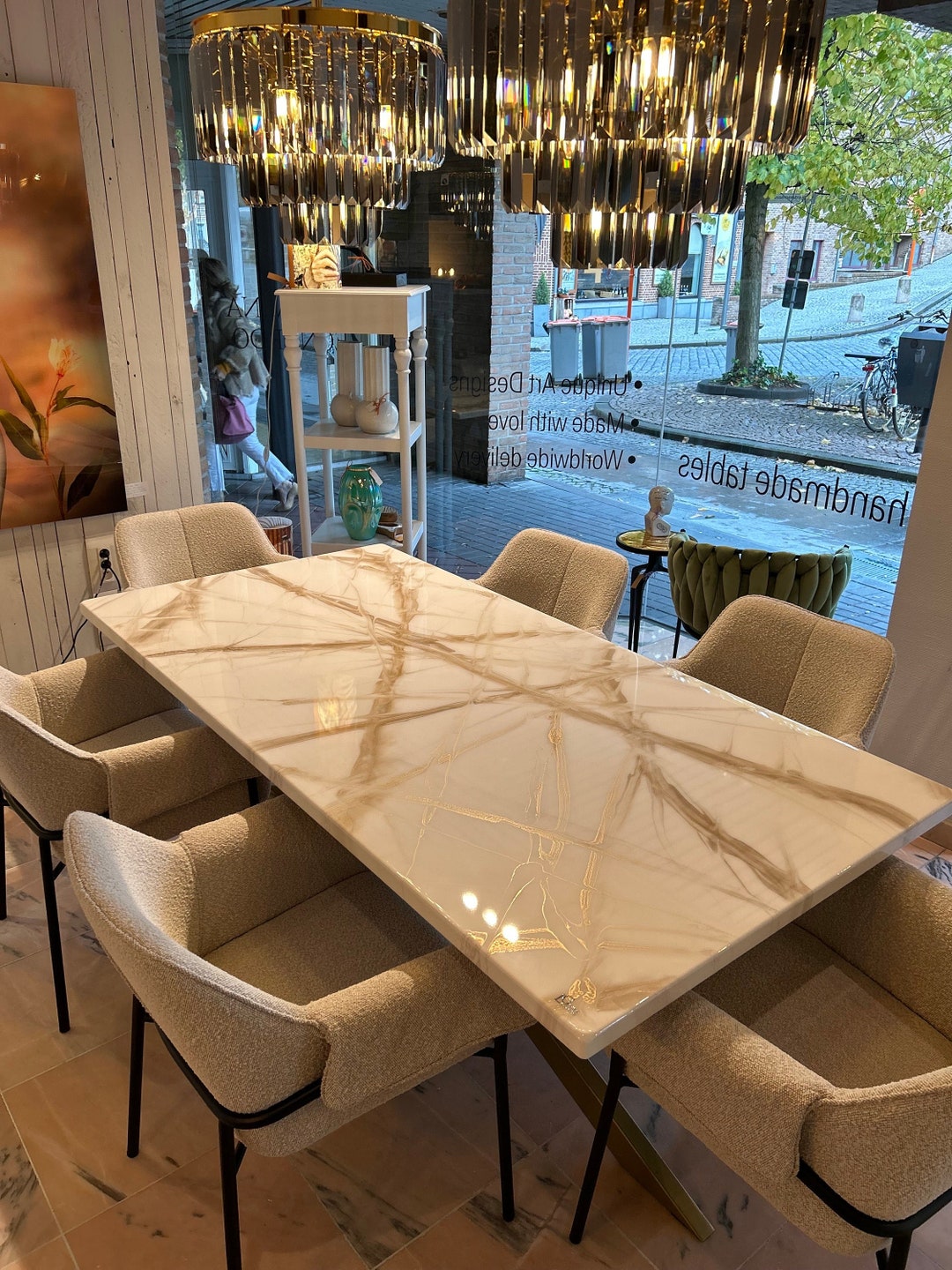 Custom Made Dining Table Epoxy White and Gold Faux Marble, Handcrafted ...