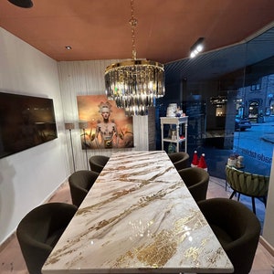 Bespoke Bright Gold Highlights Dining Table, Pearl Color Marble Design ...