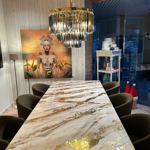 Bespoke Bright Gold Highlights Dining Table, Pearl Color Marble Design ...