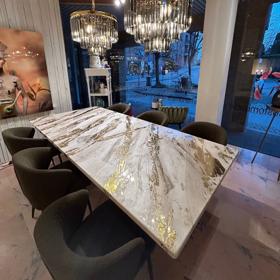 Bespoke Bright Gold Highlights Dining Table, Pearl Color Marble Design ...
