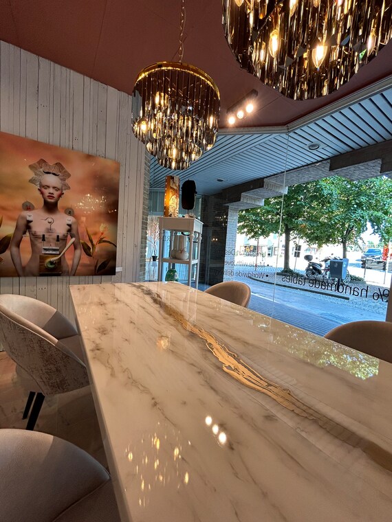 Extra Thick Made to Order River Dining Table Gray Marble Pattern Resin Art River Gold Safe Shipping Worldwide Unique Handmade Items Etsy