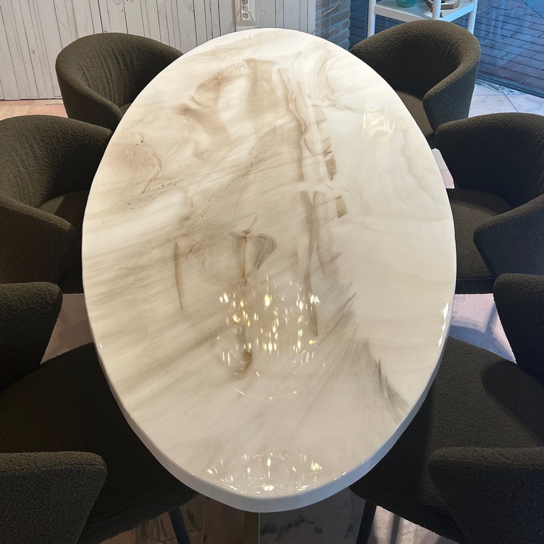 Bespoke Oval Dining Table, Epoxy Resin Art, White and Gold Marble ...