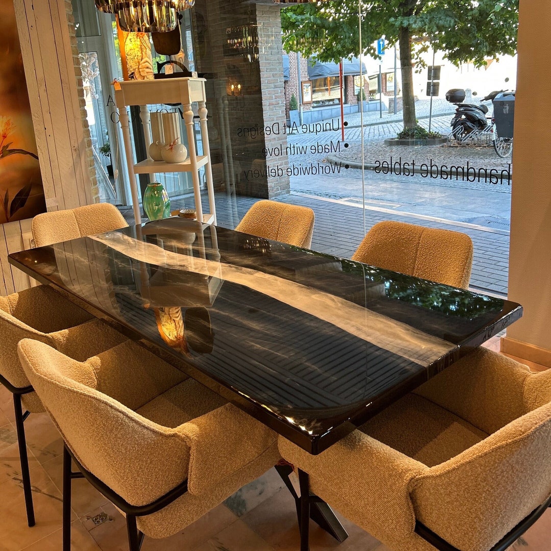 Made to Order Epoxy Resin Dining Table, Black and Gray Faux Marble ...
