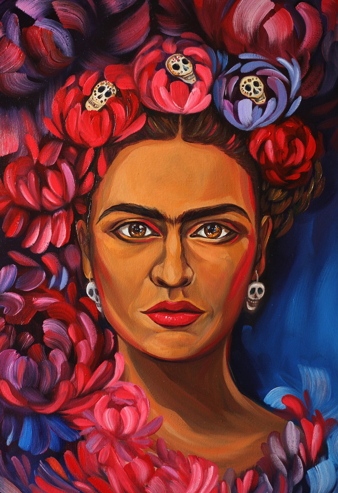 Frida Kahlo Frida Peony oil art Woman portrait flower | Etsy