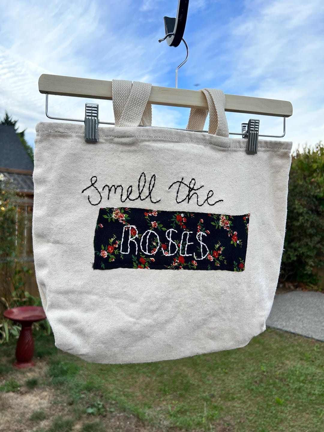 Smell the Roses Hand Embroidered Tote Bag - Etsy