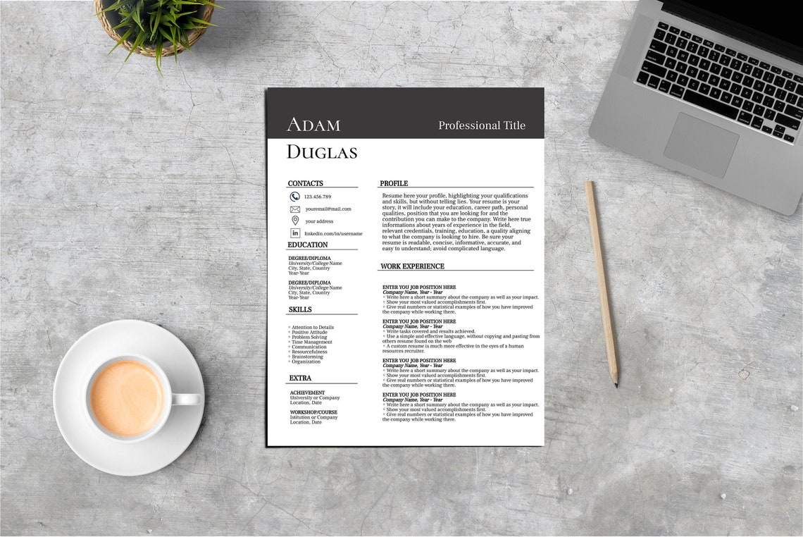 One Page Resume Template Instant Download Cv Template - Etsy