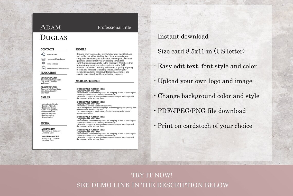 One Page Resume Template Instant Download Cv Template - Etsy