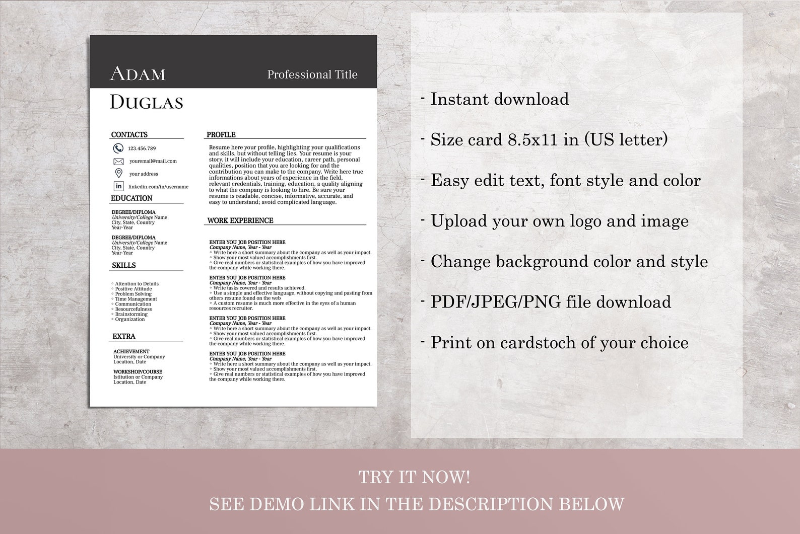 One Page Resume Template Instant Download Cv Template - Etsy