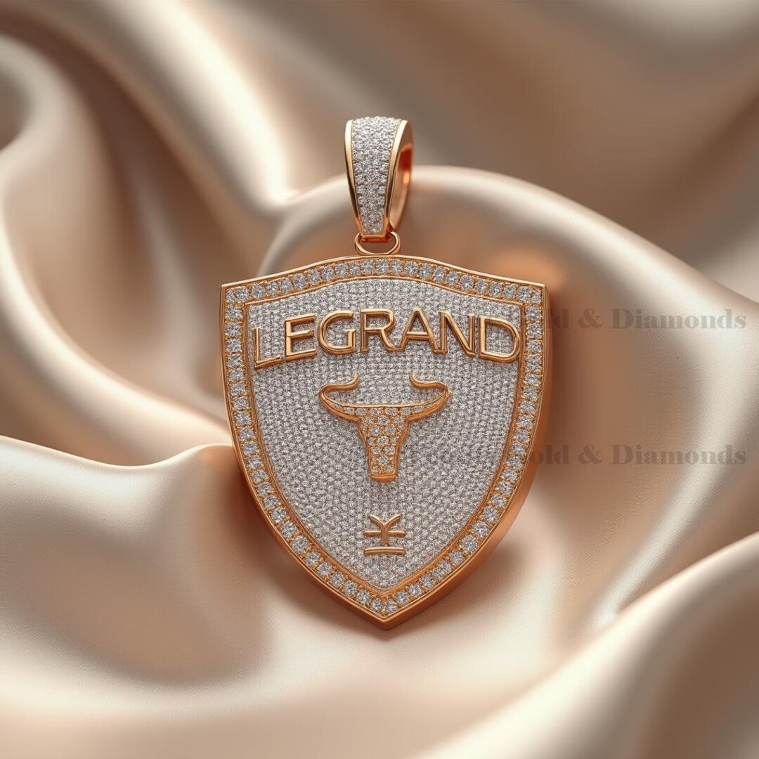Custom Bull Logo Pendant Necklace, LEGRAND Shield Medallion, 14K Gold ...