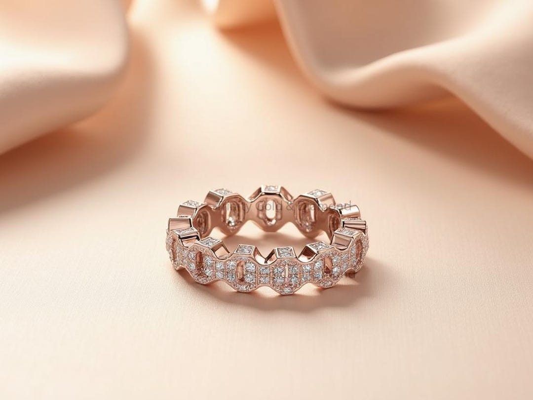 Zigzag Diamond Eternity Band Ring • Rose Gold Full Eternity Wedding Band • Modern Geometric Ring ...