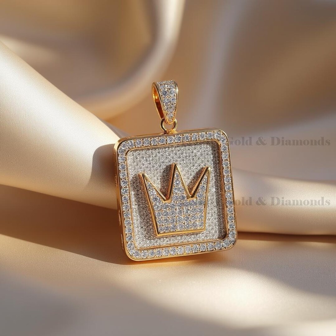 Gold Crown Pendant Necklace, Rectangle Iced Out King Medallion for Men ...