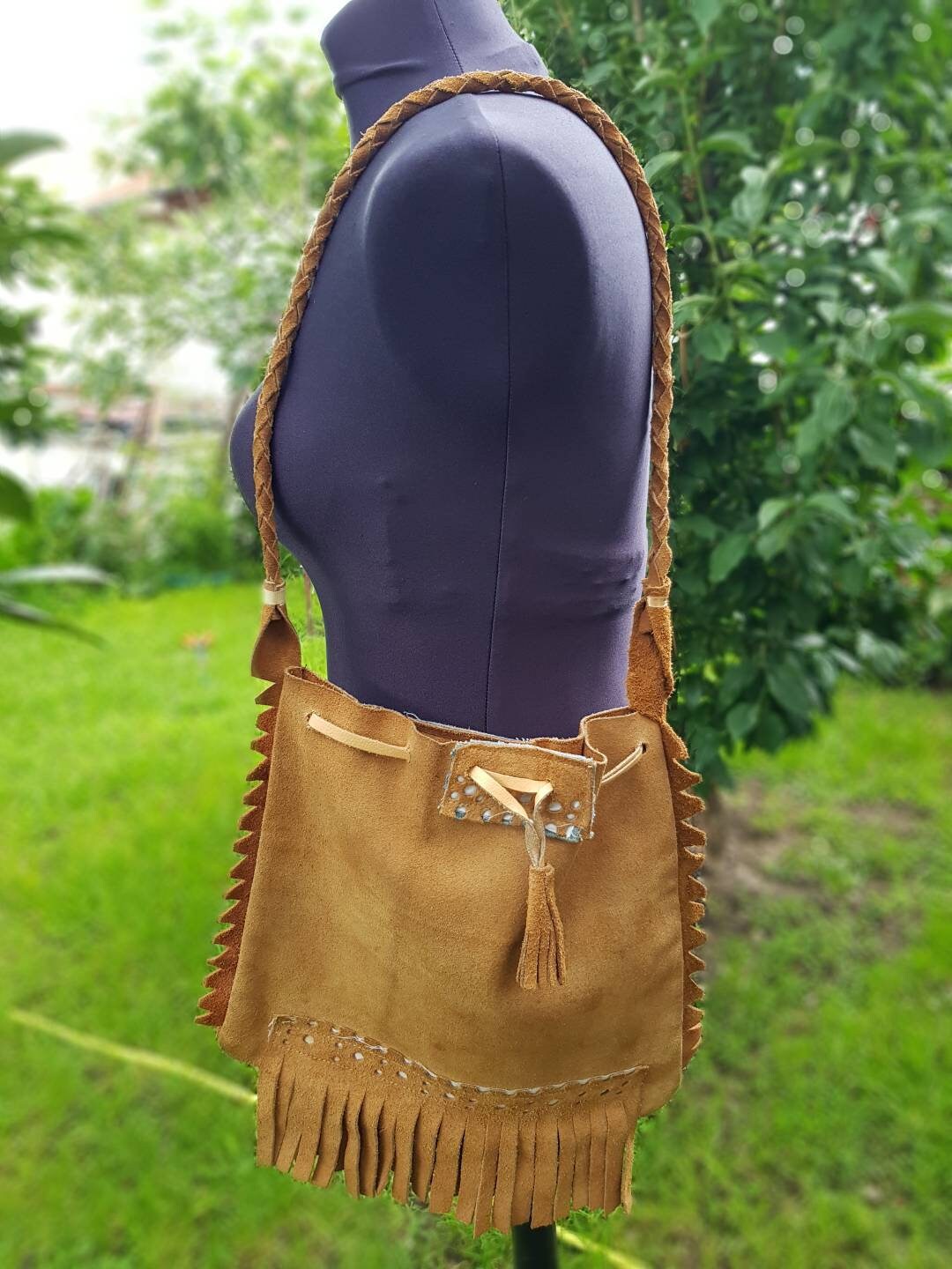 Vintage Fringe Boho Style Handbag Made of Genuine Leather in Beige ...