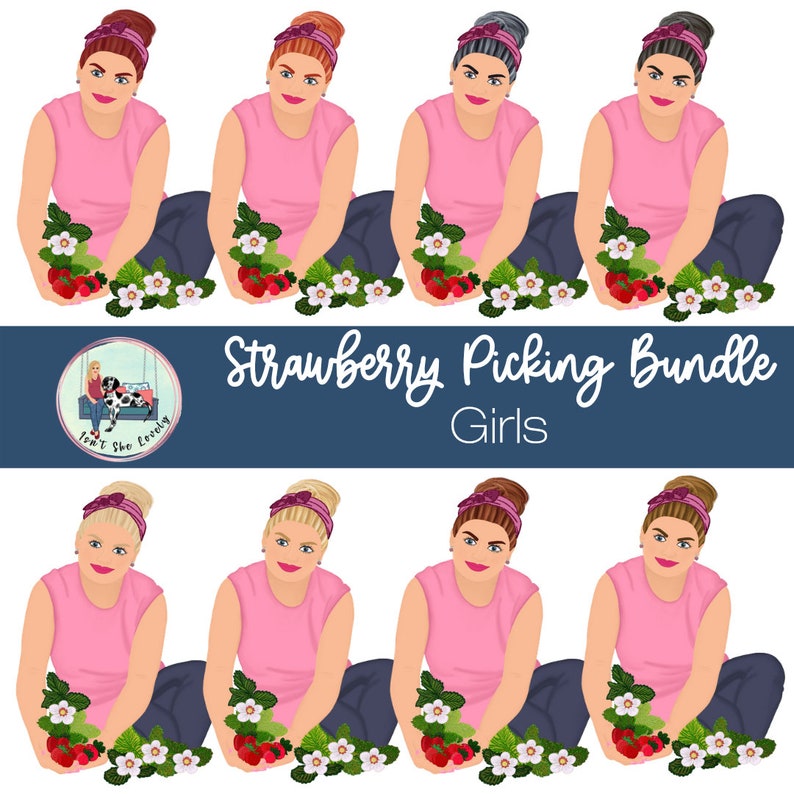 The Strawberry Picking Clipart Bundle With Digital Paper & Girls - Etsy