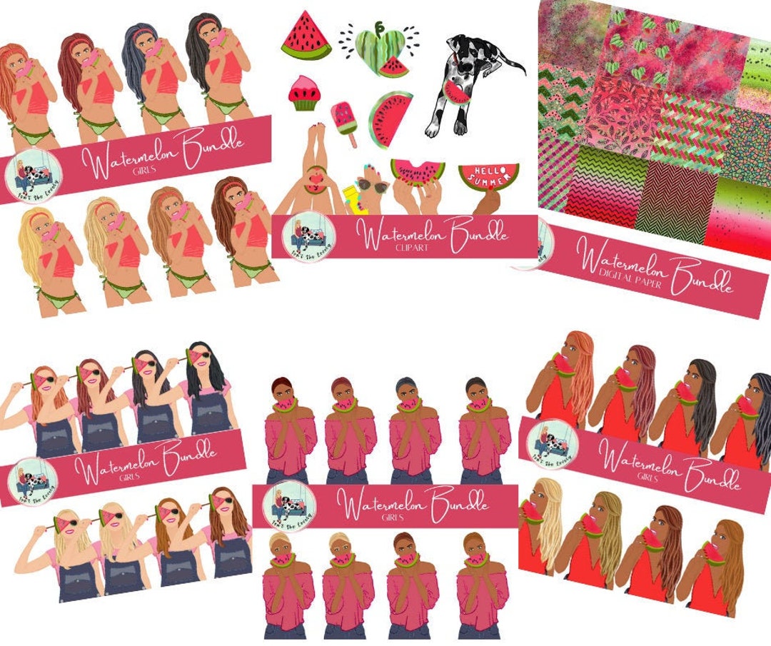 The Watermelon Clipart Bundle With Digital Paper & Girls - Etsy