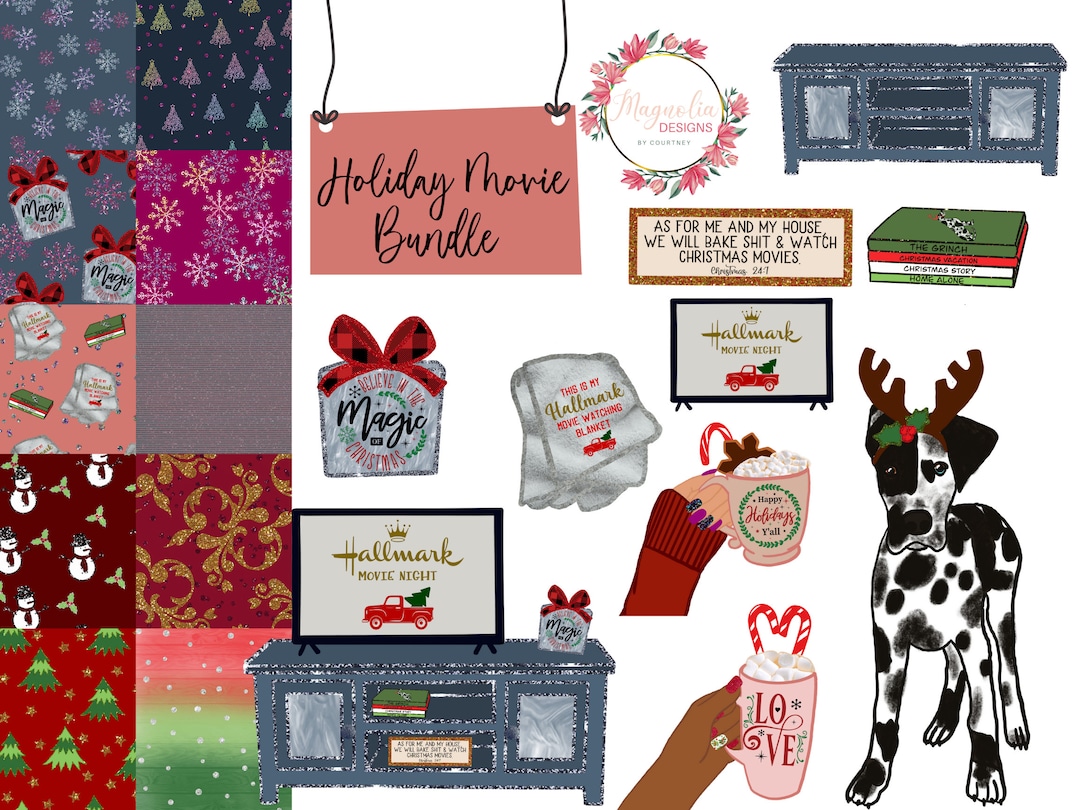 Holiday Movie Night Clip Art Bundle With Characters and Digital Paper ...