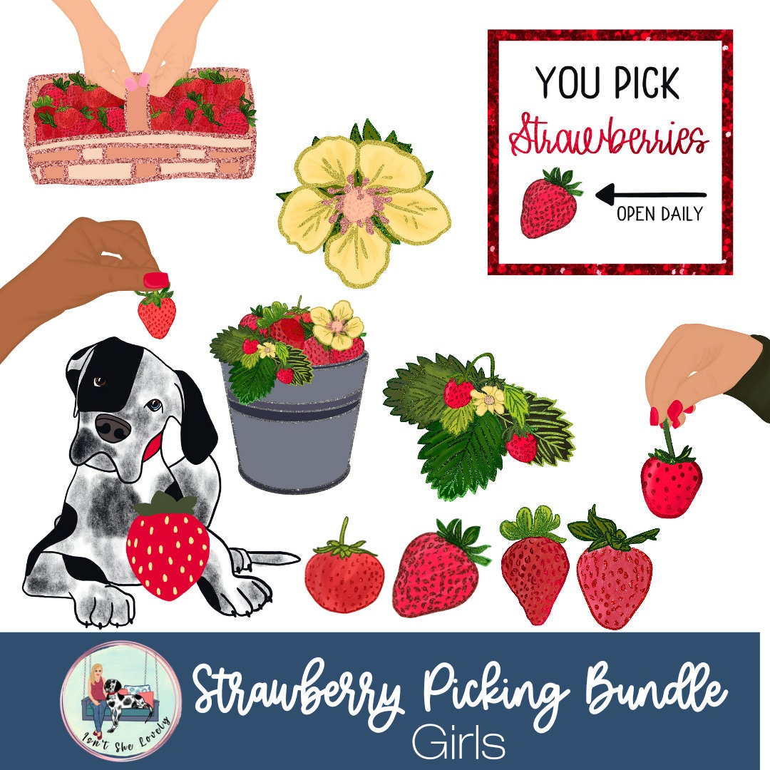 The Strawberry Picking Clipart Bundle With Digital Paper & Girls - Etsy