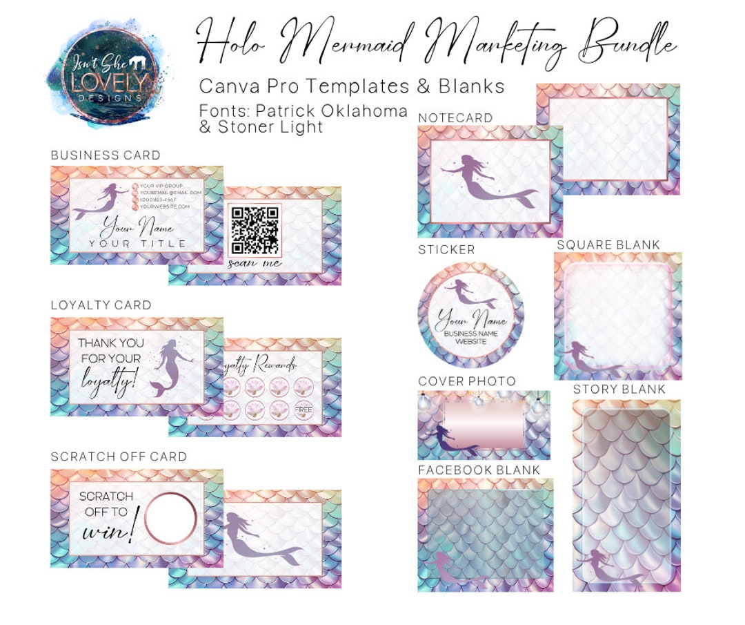 Holo Mermaid Business Card, Loyalty Card, Scratch Off, Notecard, Sticker, Cover Photo CANVA PRO ...