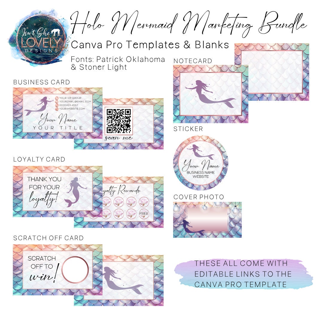 Holo Mermaid Business Card, Loyalty Card, Scratch Off, Notecard, Sticker, Cover Photo CANVA PRO ...