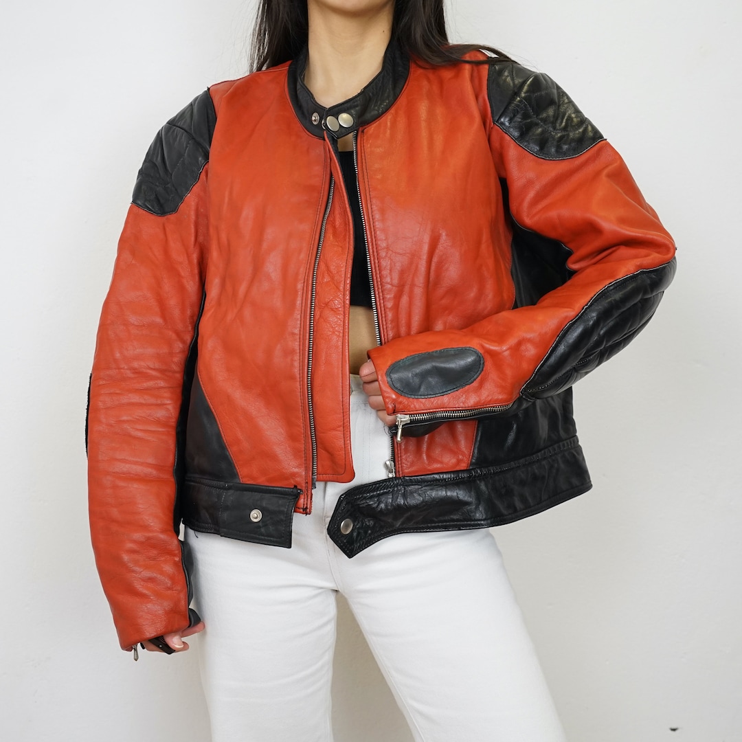 Vintage Biker Racing Leather Jacket Size M-L Red Black Heavy Leather ...
