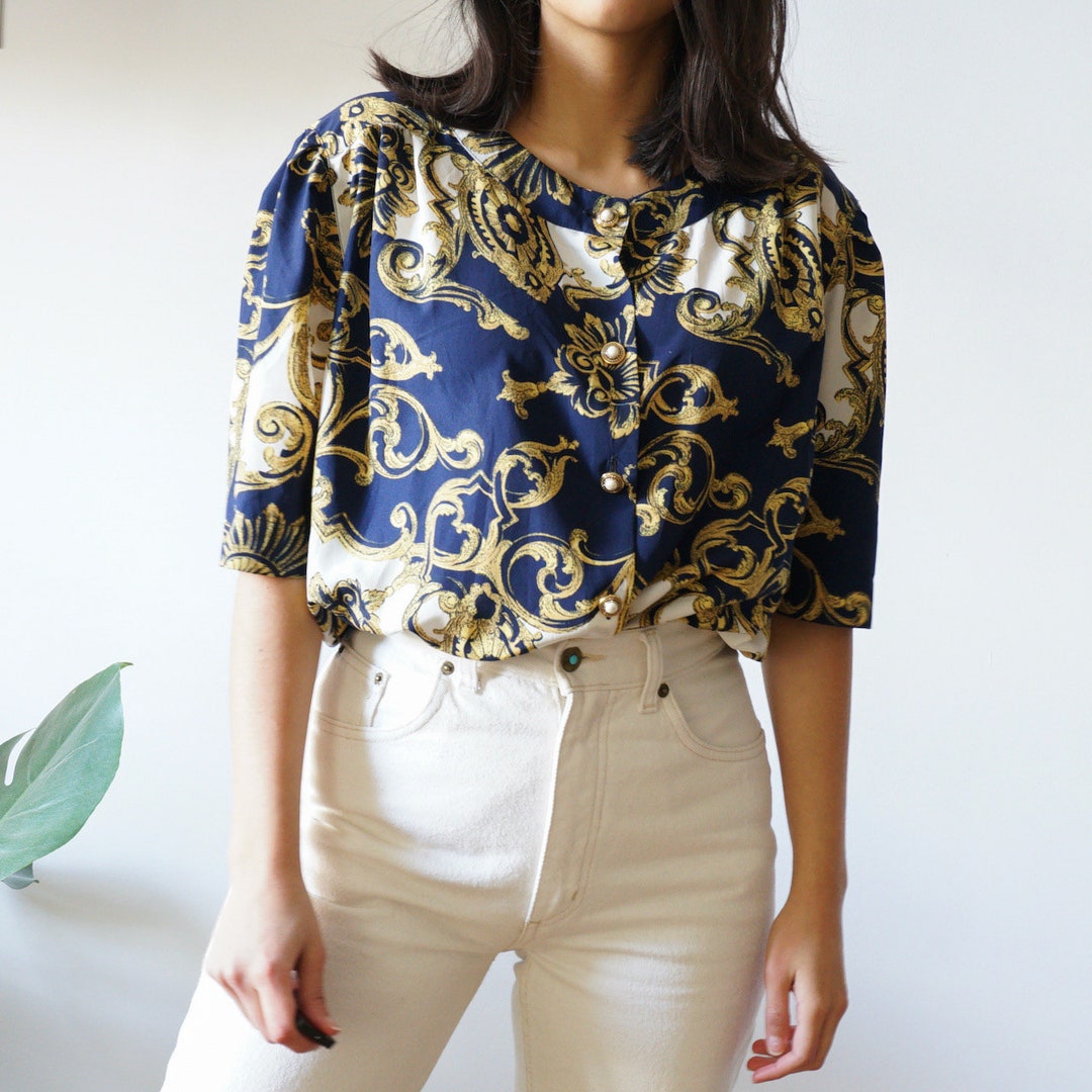 Vintage Short-sleeved Baroque Blouse Size S-M Button-up Dark Blue Shirt ...