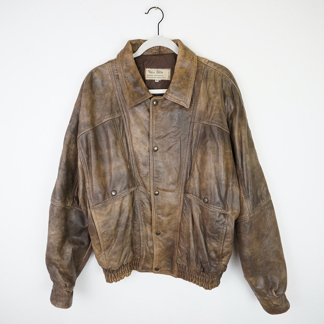 Vintage Distressed Leather Jacket Men Size M-L Brown Leather Jacket ...