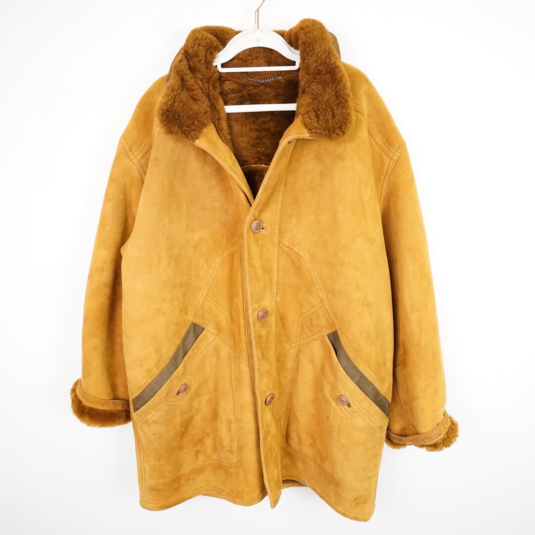Vintage Shearling Coat Men Size L 70s Shearling Coat Yellow Brown Coat ...