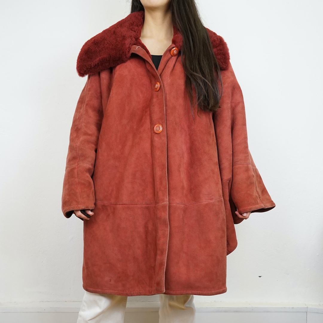 Vintage Red Shearling Jacket Cape Size L-XL 70s Shearling Coat Red ...