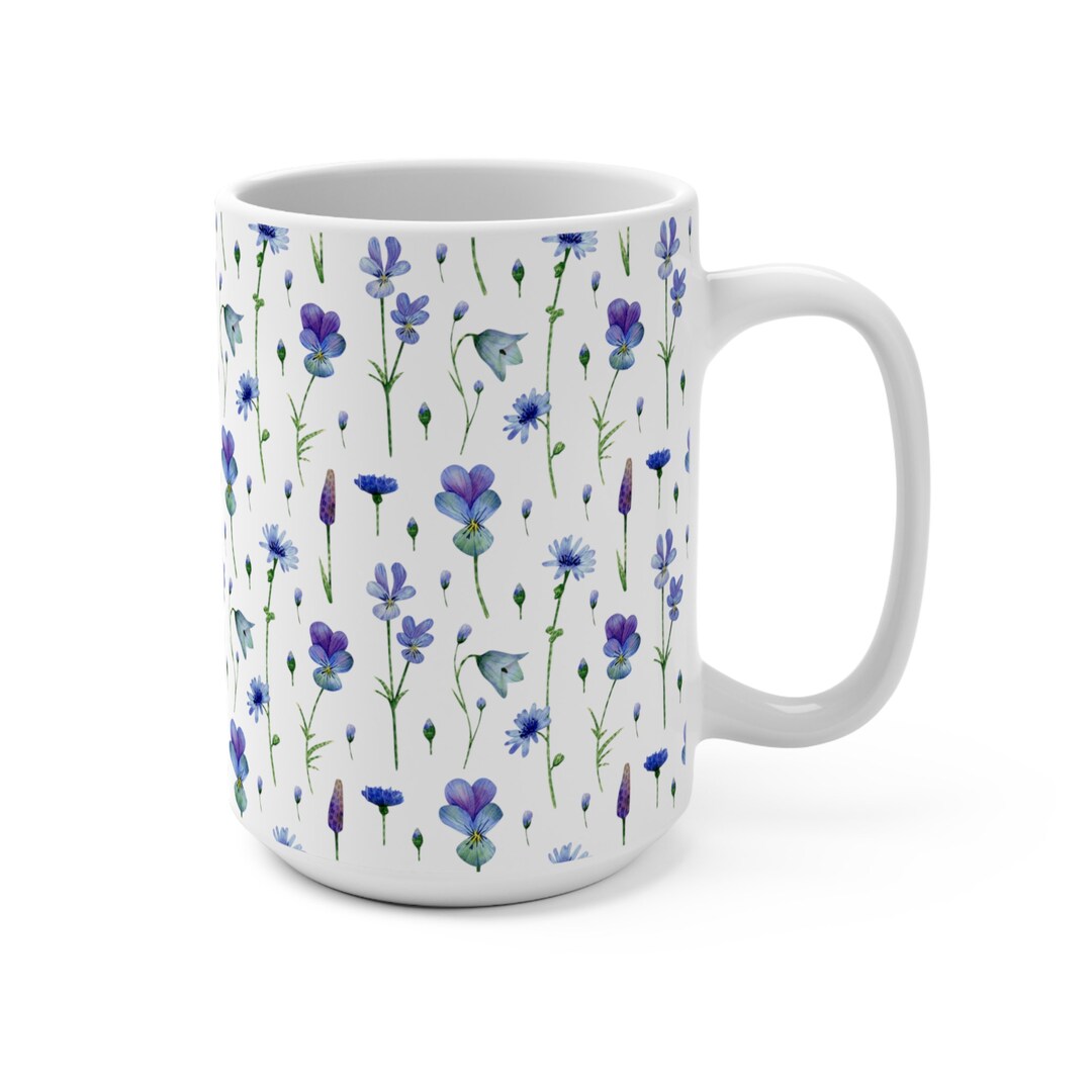 Dainty Blue Floral Pattern Vintage Ceramic Coffee Mug 15oz, Garden ...