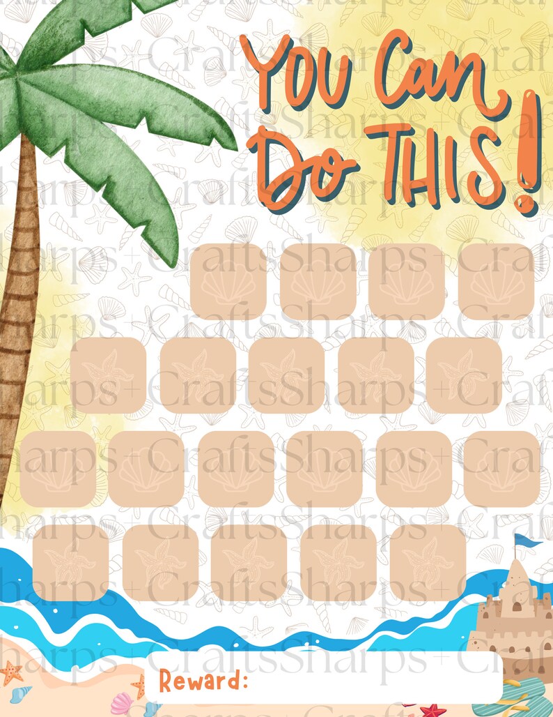 Beach Reward Chart Behavior Kid Reading Printable Chore Poster Toddler ...