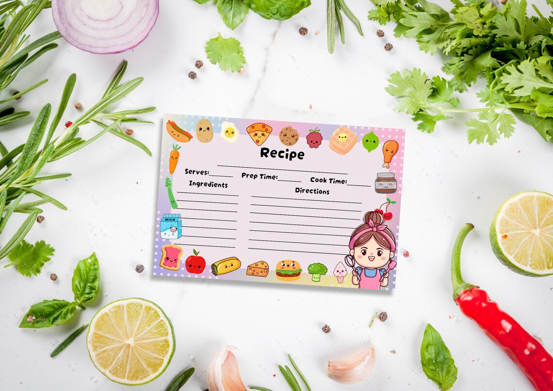 Kawaii Recipe Cards Front Back Template Customizable Recipe Cards Cute ...