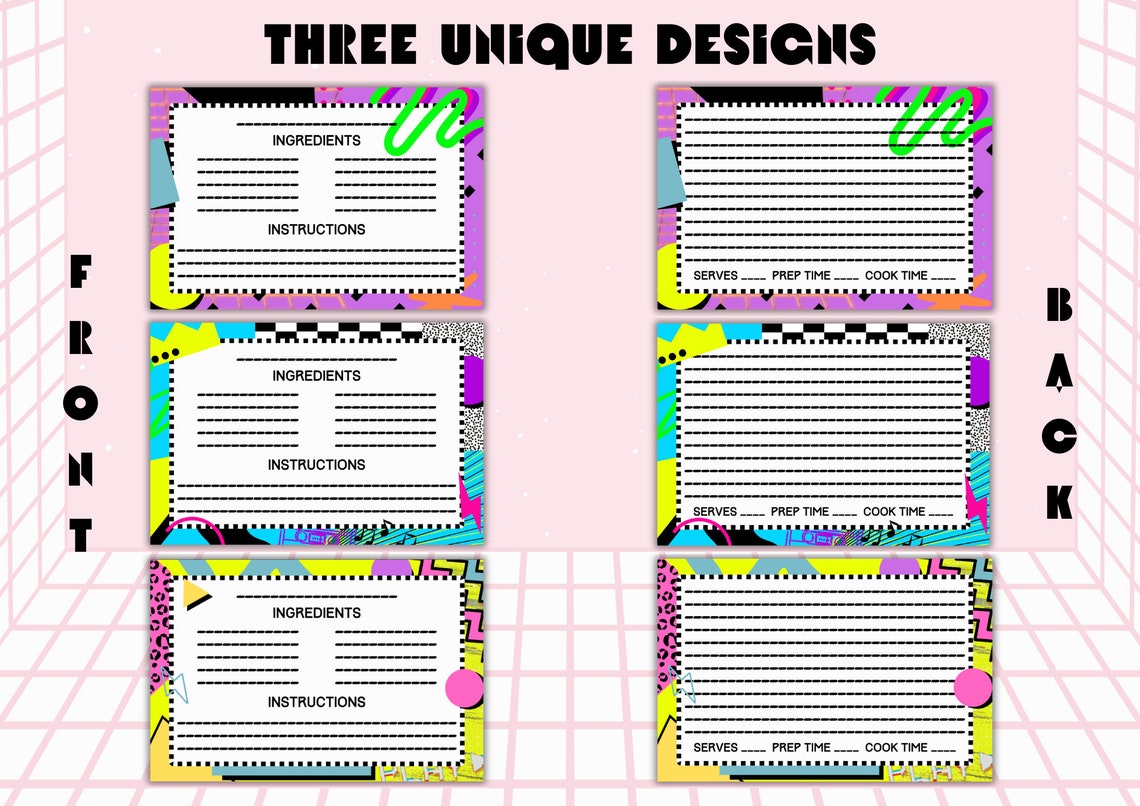 EDITABLE 90s Themed Set of 3 Recipe Cards Front and Back Retro Neon ...