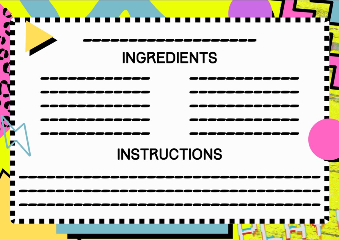 EDITABLE 90s Themed Set of 3 Recipe Cards Front and Back Retro Neon ...