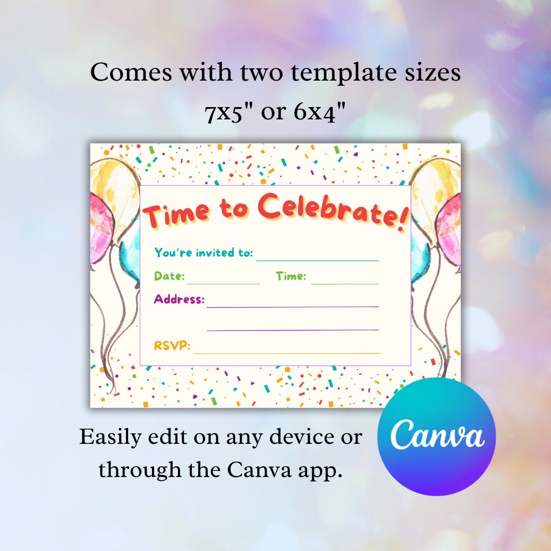 Party Invitation Card Editable Template Canva Simple Fun Card ...
