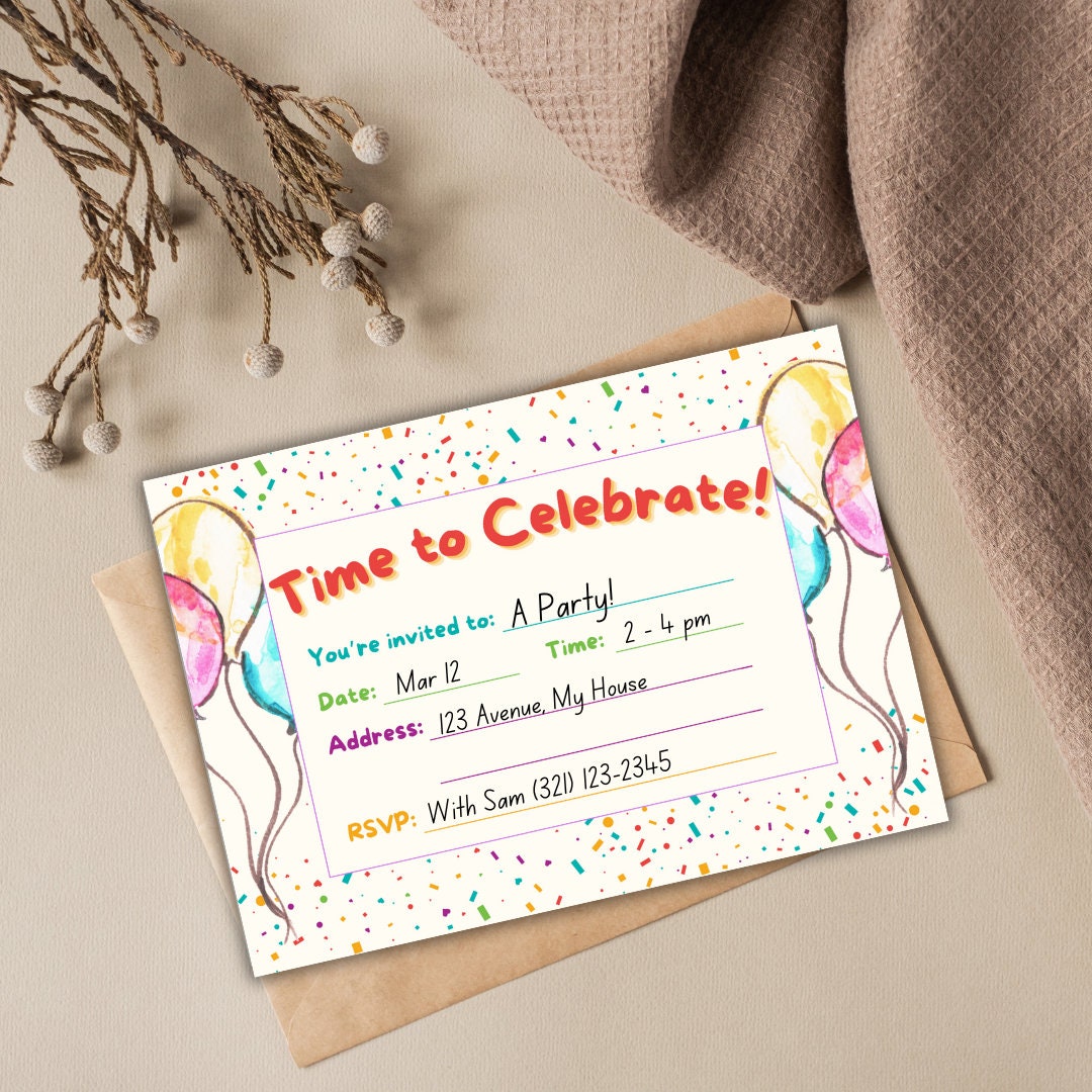 Party Invitation Card Editable Template Canva Simple Fun Card ...