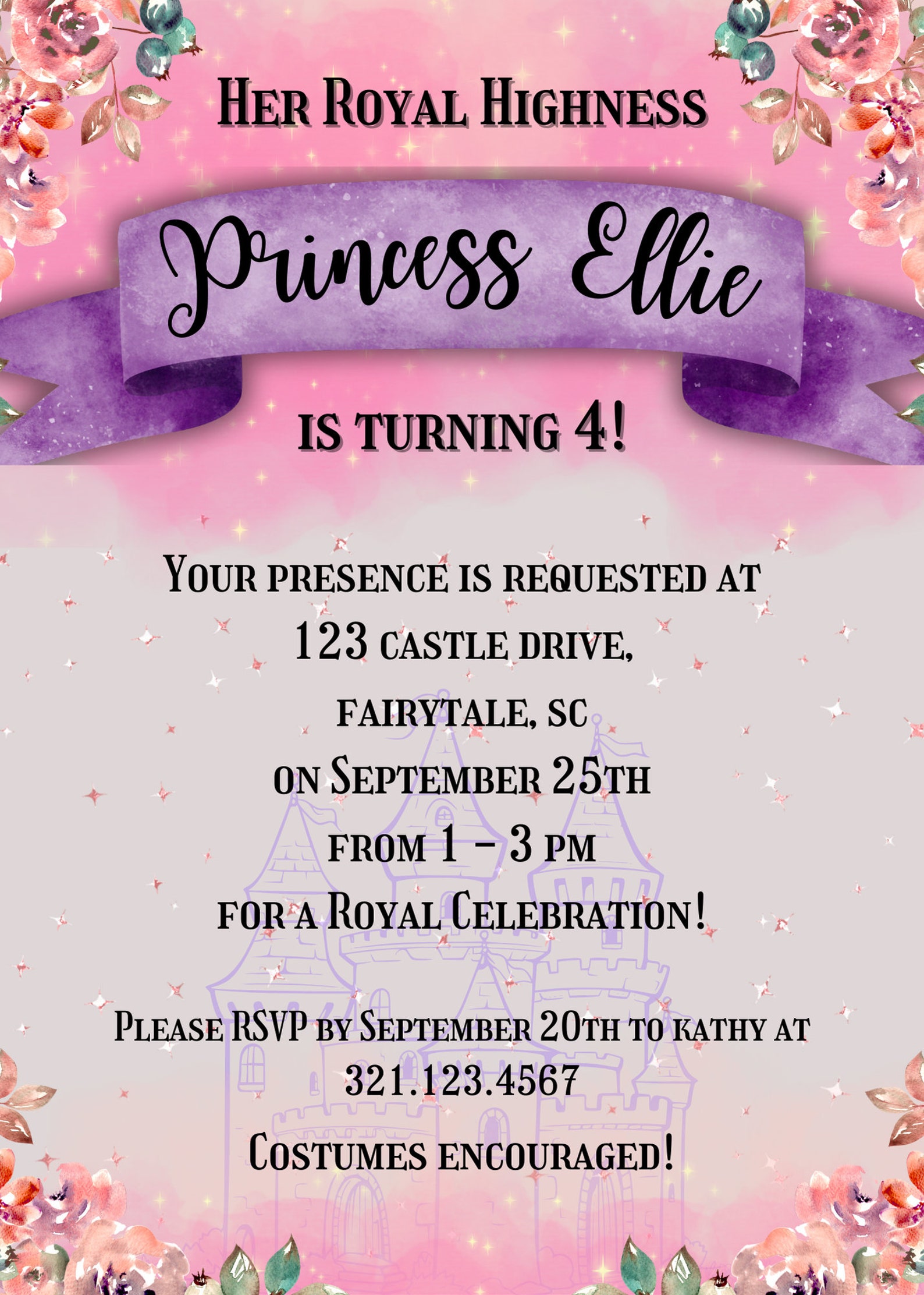Princess Party Invitation Card Birthday Editable Template Canva Kids ...