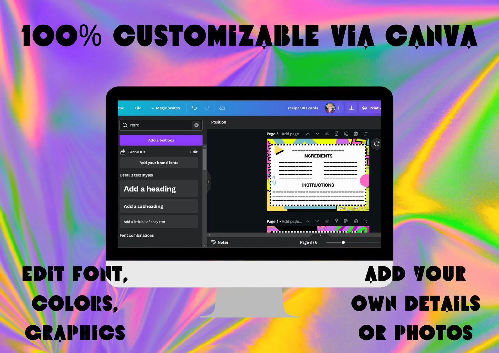 EDITABLE 90s Themed Set of 3 Recipe Cards Front and Back Retro Neon ...