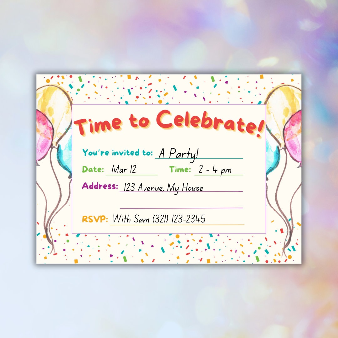 Party Invitation Card Editable Template Canva Simple Fun Card ...