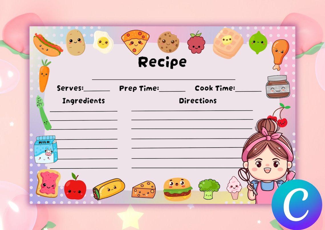 Kawaii Recipe Cards Front Back Template Customizable Recipe Cards Cute ...