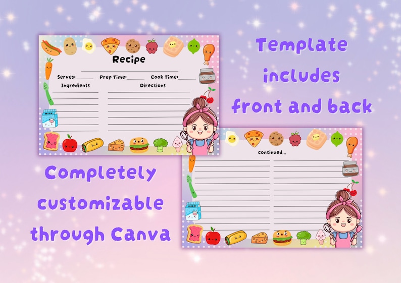 Kawaii Recipe Cards Front Back Template Customizable Recipe Cards Cute ...